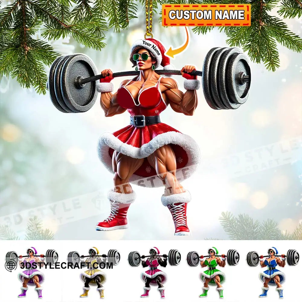Custom Name Woman Gym Work Out Santa Ornament, Christmas Gift Decor